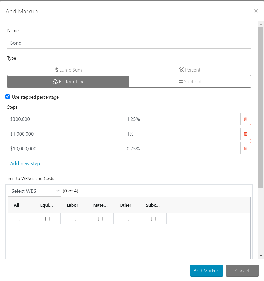 Adding a bottom-line markup with steps